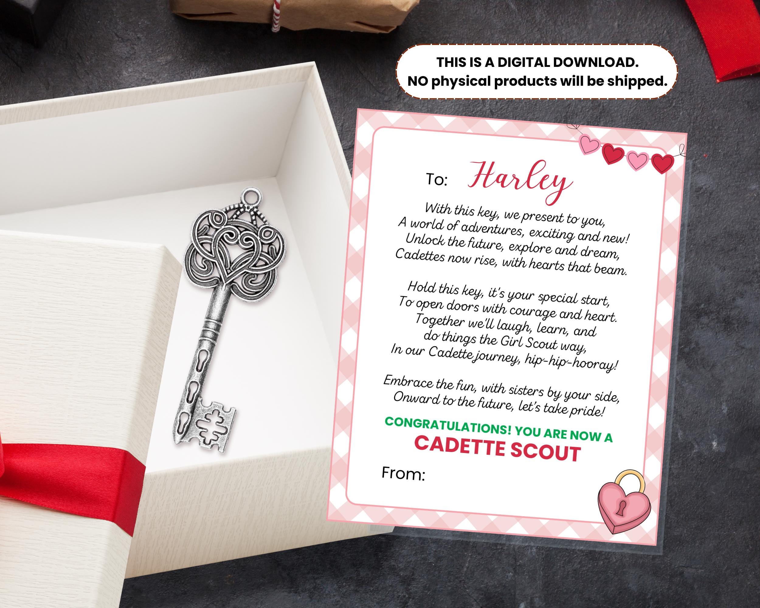 Scout Bridging Gift Tag Personalized Cadette Silver Key Poem Gift Card ...