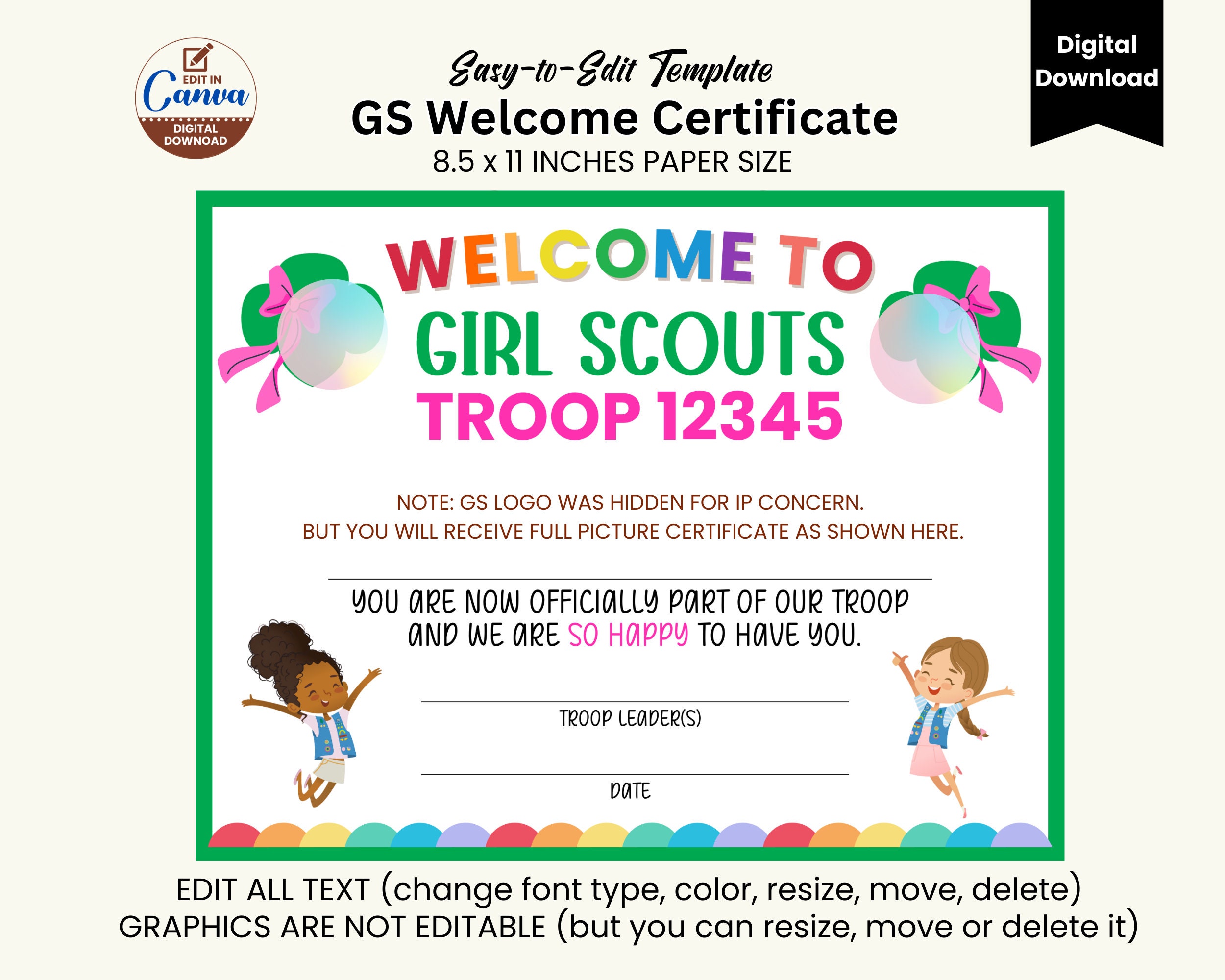 Editable Girl Scout Welcome Certificate for New Troop Member, Scout ...