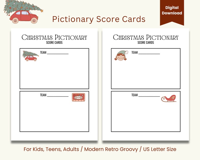 Christmas Pictionary Cards Printable, Christmas Pictionary Songs, Retro ...