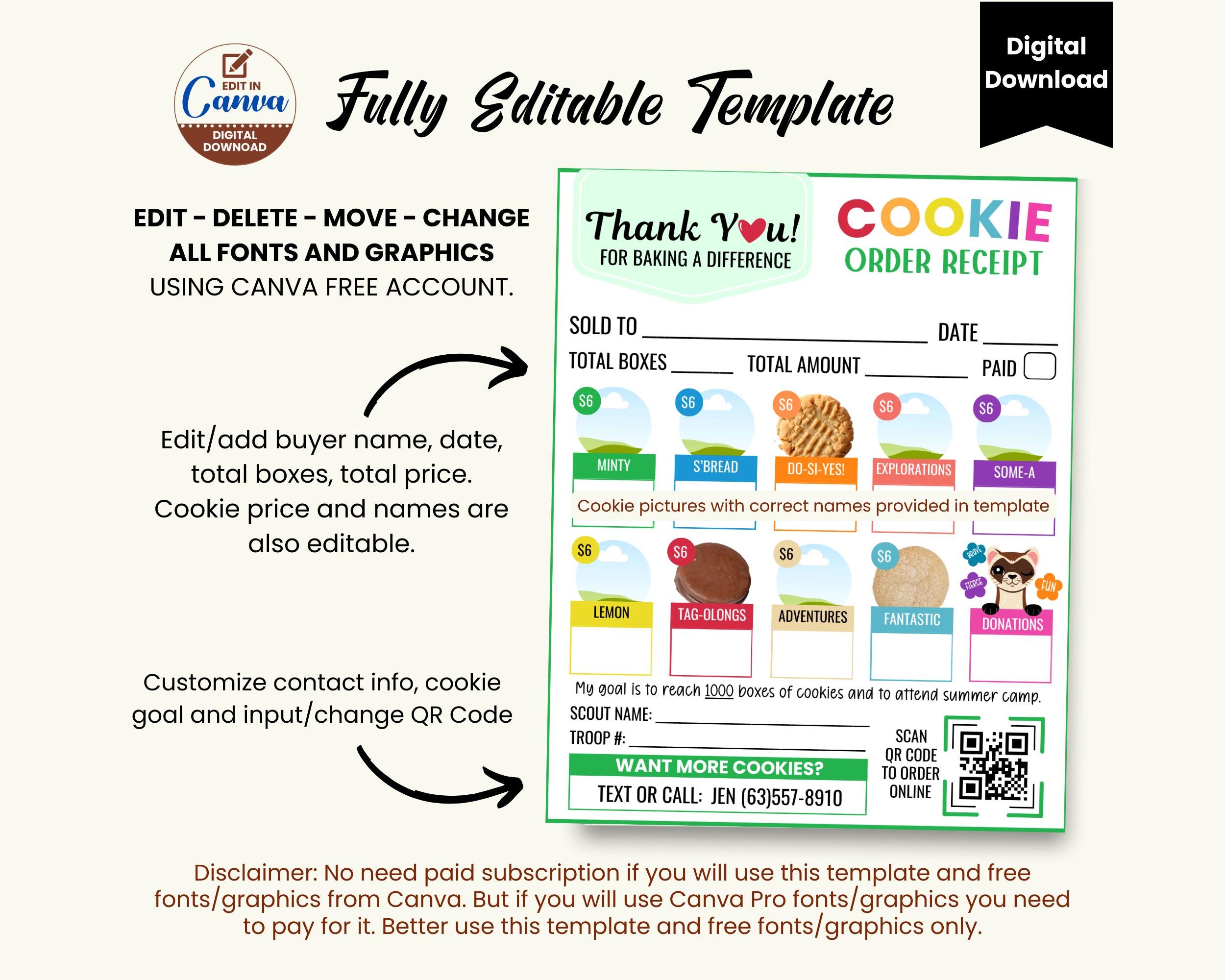 Editable Scout Cookie Receipt 2026 for LBB & ABC Cookie Thank You Gift ...