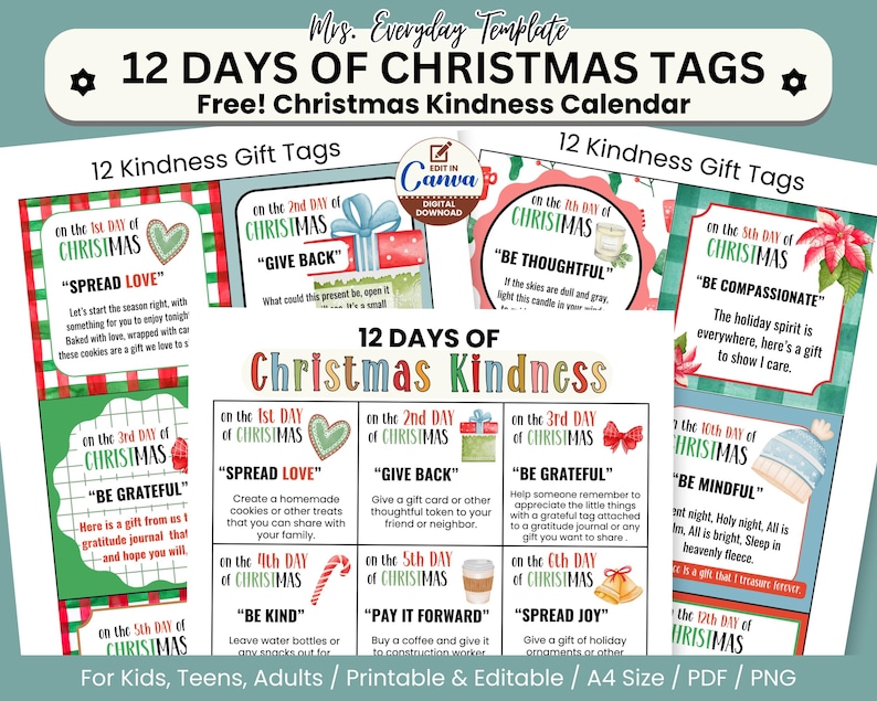 12 Days of Christmas Tags & Kindness Calendar Missionary Christmas ...