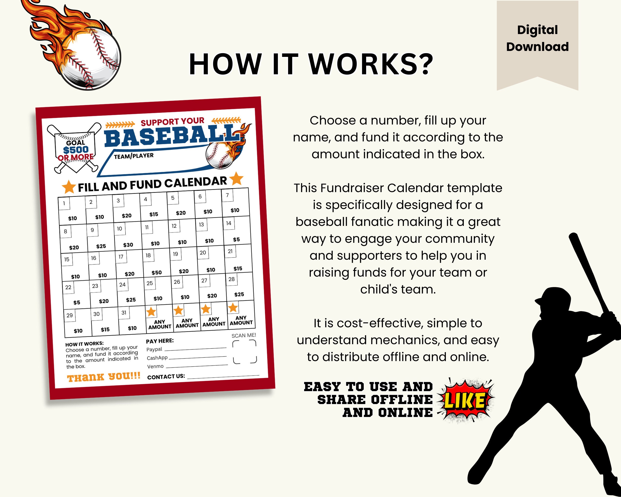 Baseball Fundraiser Calendar Sheet Editable QR Code, Baseball Coach Mom ...
