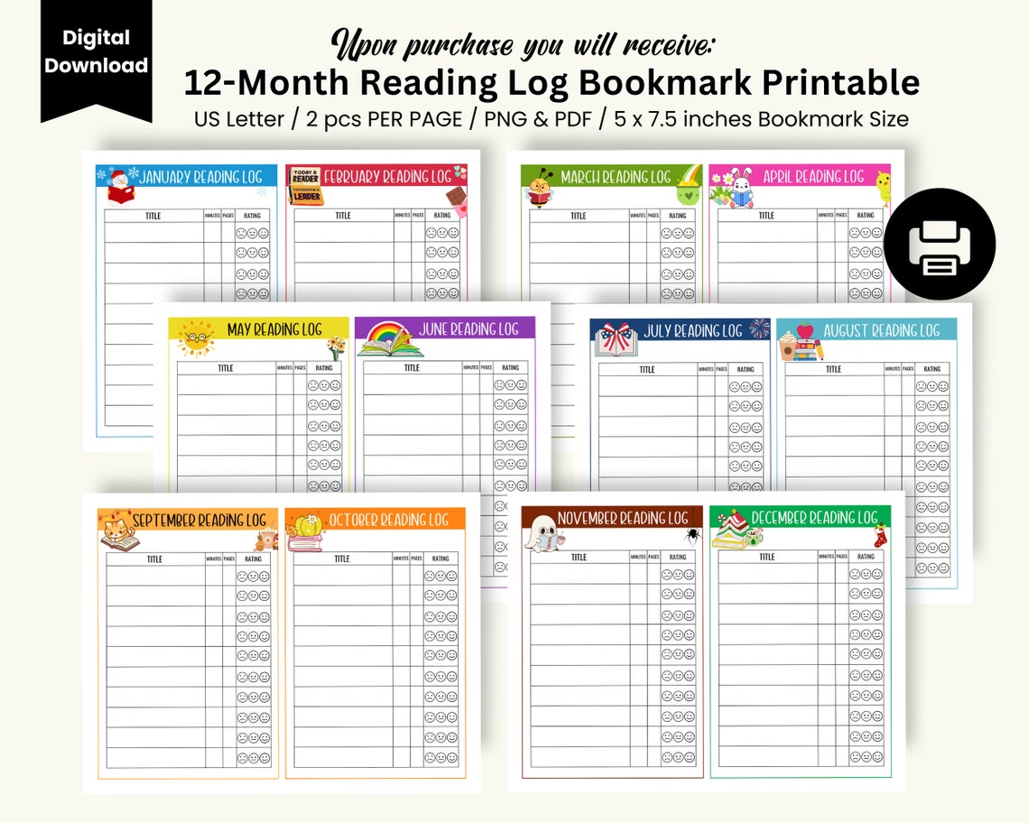 12 Month Reading Log Bookmark Printable Bookshelf Bookmark for Kids ...