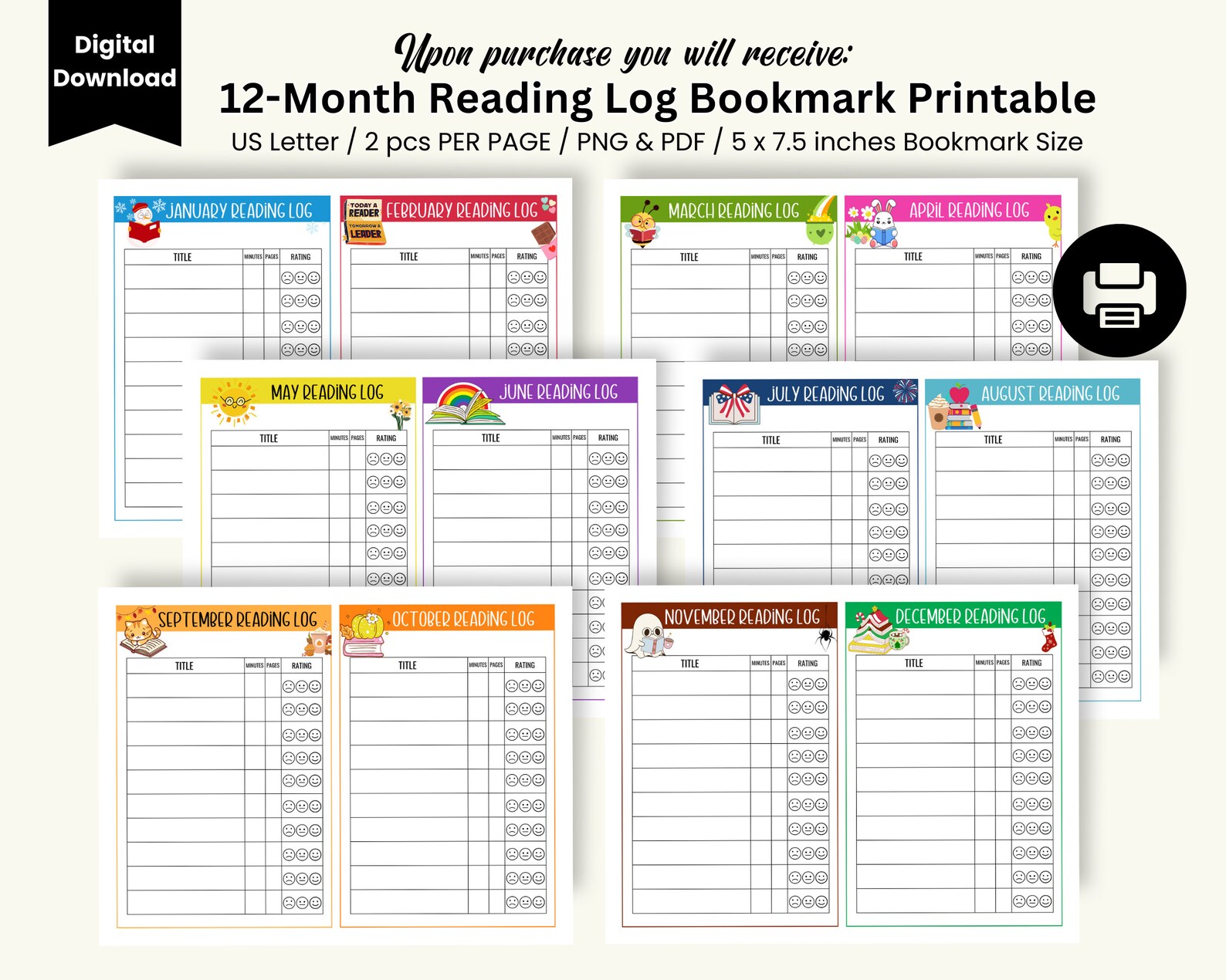 12 Month Reading Log Bookmark Printable Bookshelf Bookmark for Kids ...