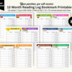 12 Month Reading Log Bookmark Printable Bookshelf Bookmark for Kids ...