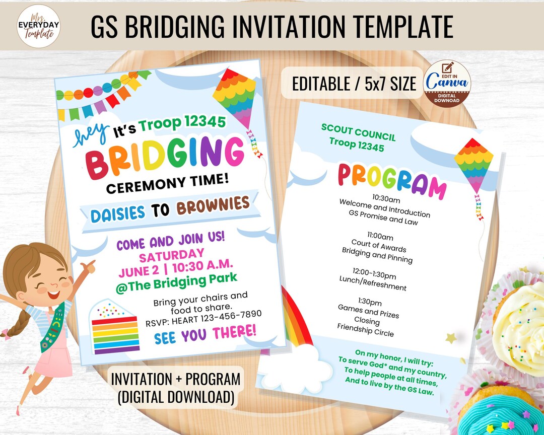 Scout Bridging Invitation + Party Program Editable Template Graduation ...