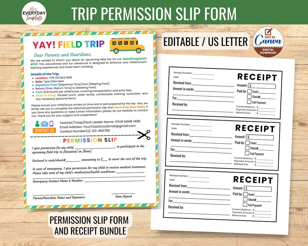 Editable Field Trip Permission Slip & Receipt Form (canva Template) - Etsy