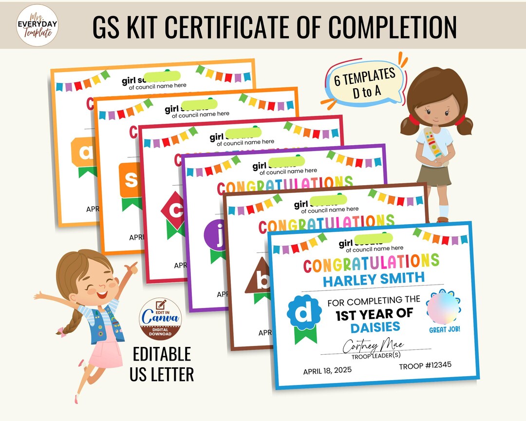 Editable Scout Certificate of Completion Daisy to Ambassador, Year End ...