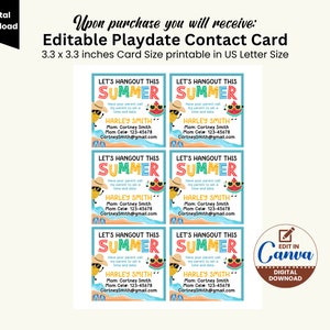 Editable Playdate Cards Template, Custom Playdate Contact Card for Kids, Keep in Touch Cards ...