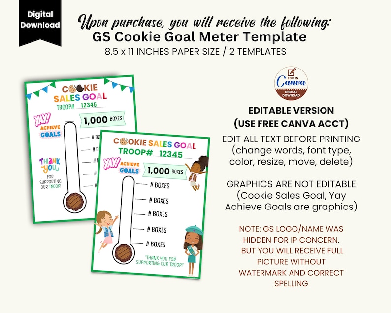 Editable Girl Scout Cookie Sales Goal Chart Cookie Booth Display Sign ...