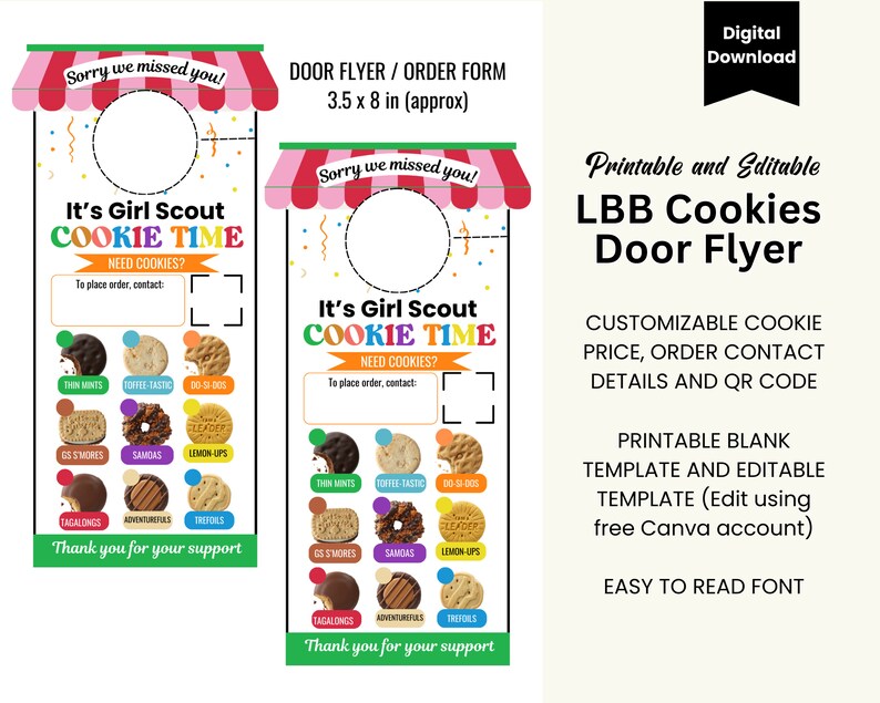 Editable Girl Scout Cookie Door Flyer 2024 for LBB Cookies Order Form ...