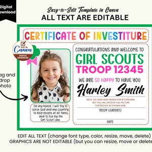 Editable Girl Scout Certificate of Investiture W/ Photo, Girl Scout ...