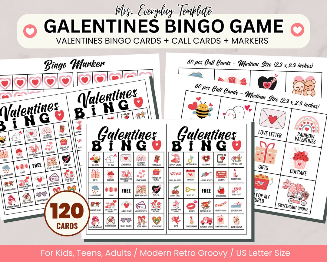 Galentines Bingo Games Bundle for Teens Kids Adult, Retro Groovy Gnome ...