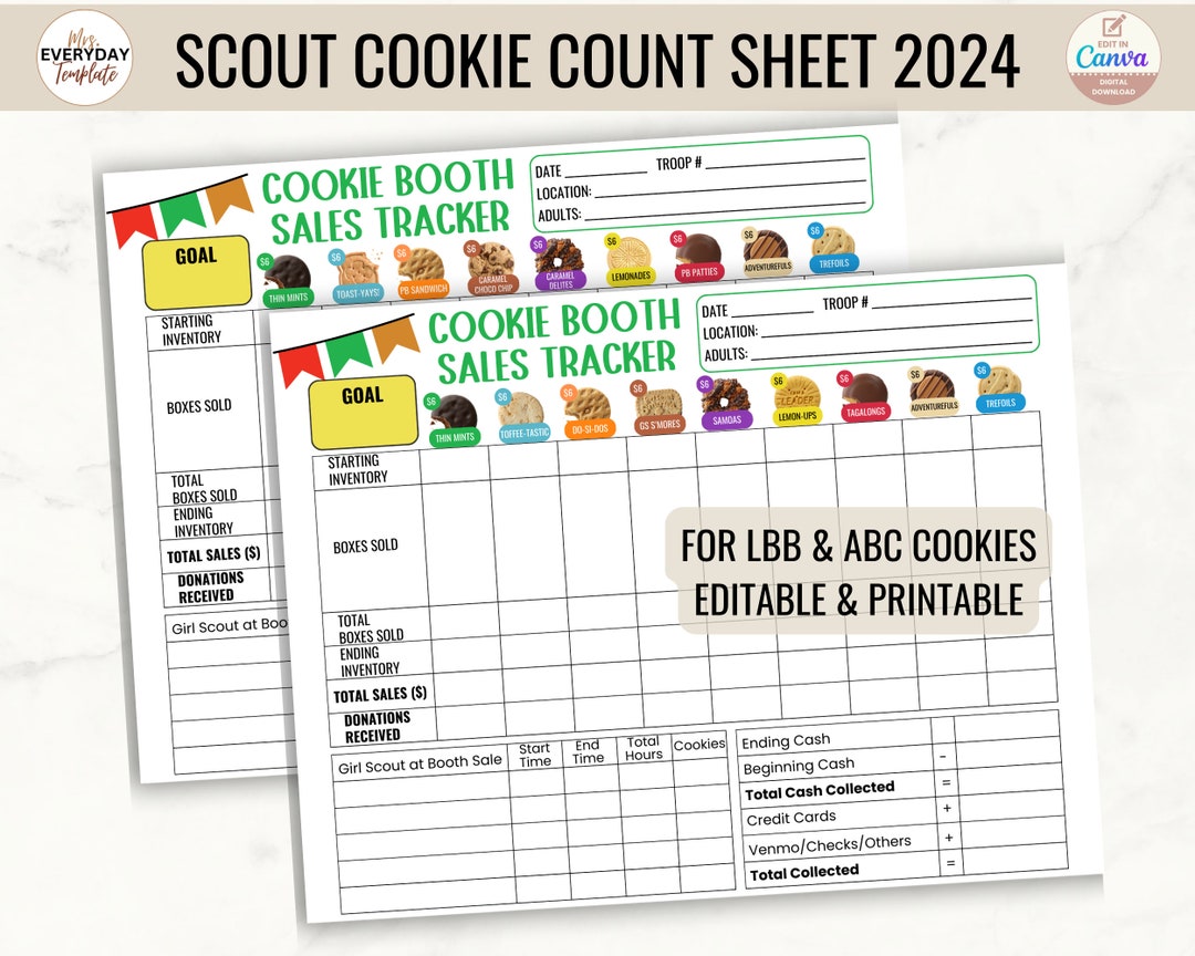 Girl Scout Cookie Booth Tally Count Sheet 2024 for LBB and ABC Cookies ...