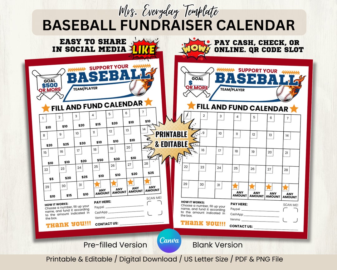 Baseball Fundraiser Calendar Sheet Editable QR Code, Baseball Coach Mom ...