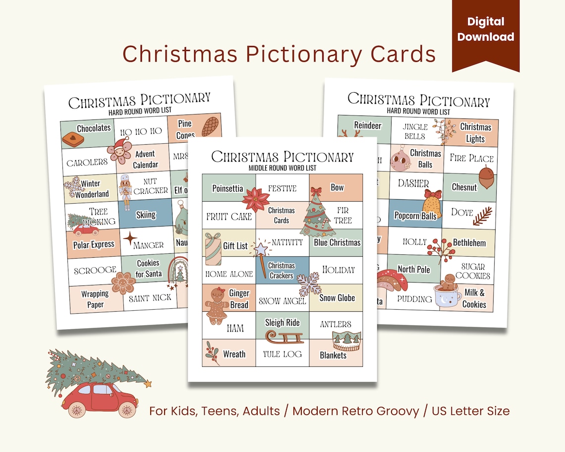 Christmas Pictionary Cards Printable, Christmas Pictionary Songs, Retro ...