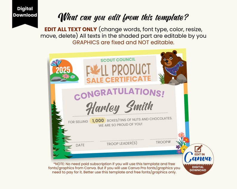 Editable Sc0ut Certificate Fall Product Sale 2025 Fundraiser Program ...