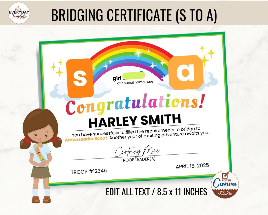Editable Scout Bridging Certificate Senior Ambassador Scout Year End ...