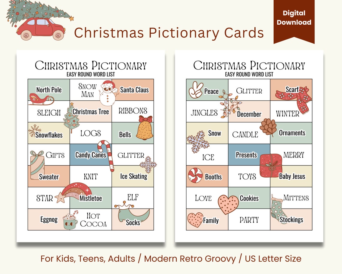Christmas Pictionary Cards Printable, Christmas Pictionary Songs, Retro ...