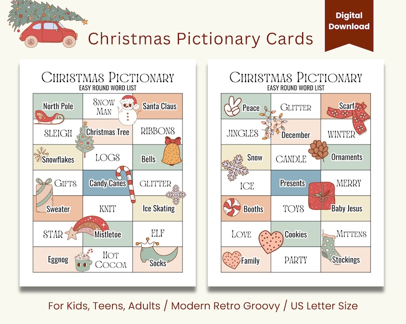 Christmas Pictionary Cards Printable, Christmas Pictionary Songs, Retro ...