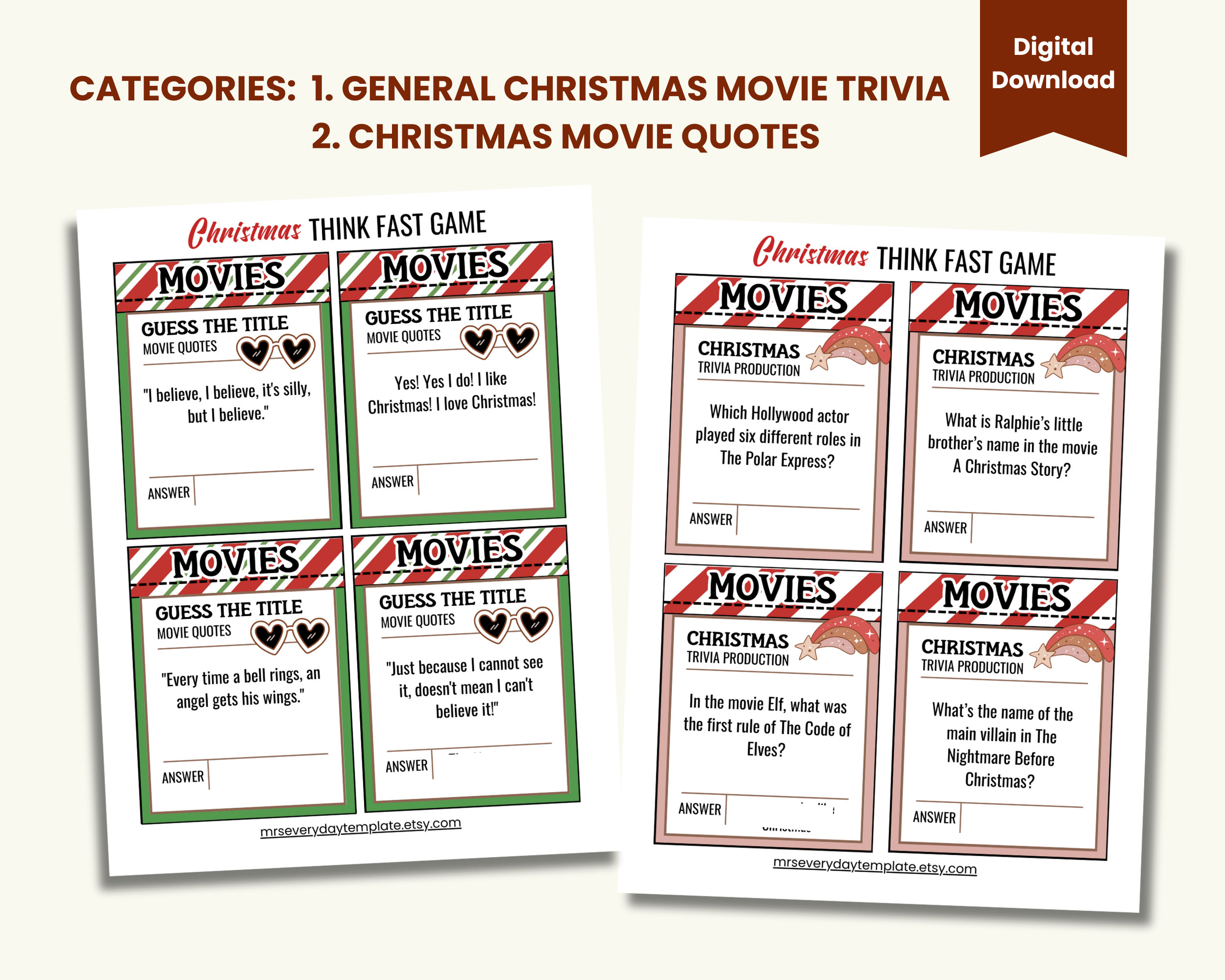 Christmas Movie Trivia Games Printable, Think Fast Game, Festive Trivia ...