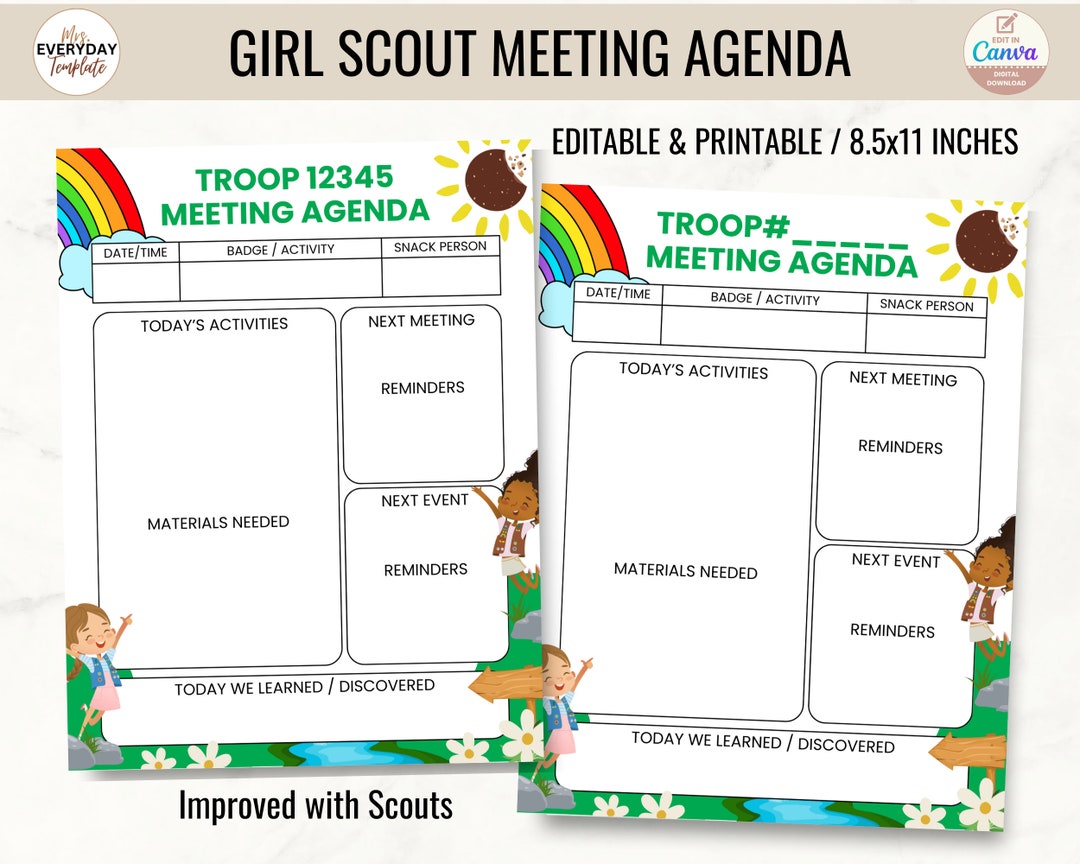 Editable Girl Scout Meeting Agenda, Monthly Scout Meeting Agenda Custom ...