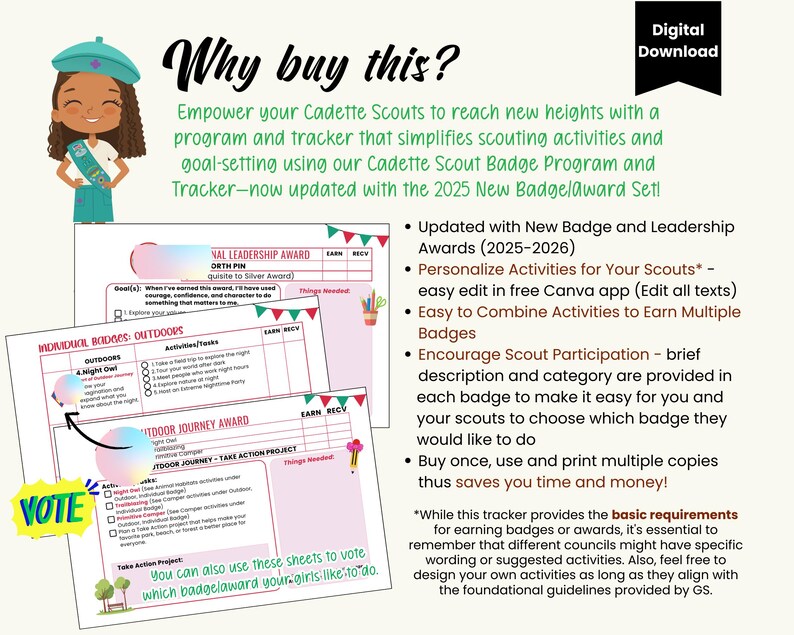 Personalize Cadette Scout Badge Tracker Editable Awards Checklist ...