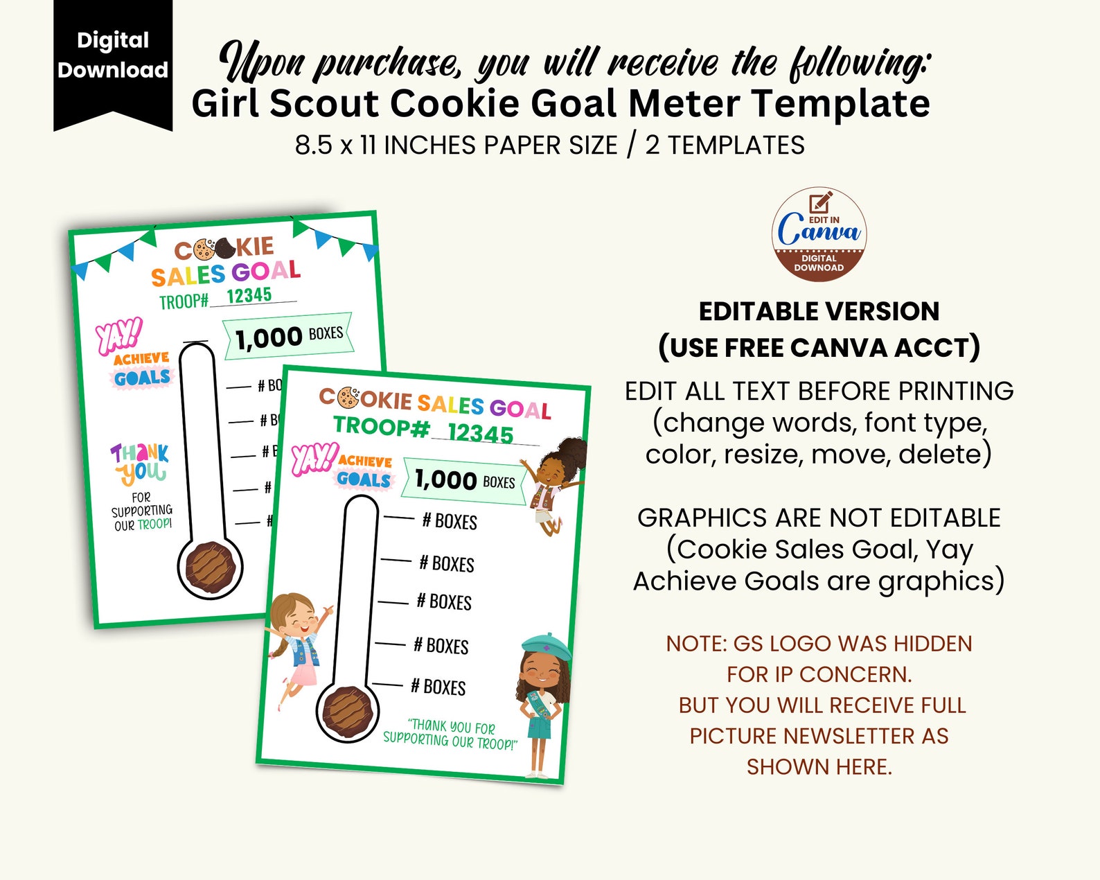 Editable Girl Scout Cookie Sales Goal Chart Cookie Booth Display Sign ...