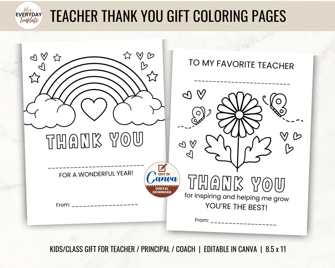 Teacher Thank You Gift Editable Kids Coloring Page End of School Gift ...
