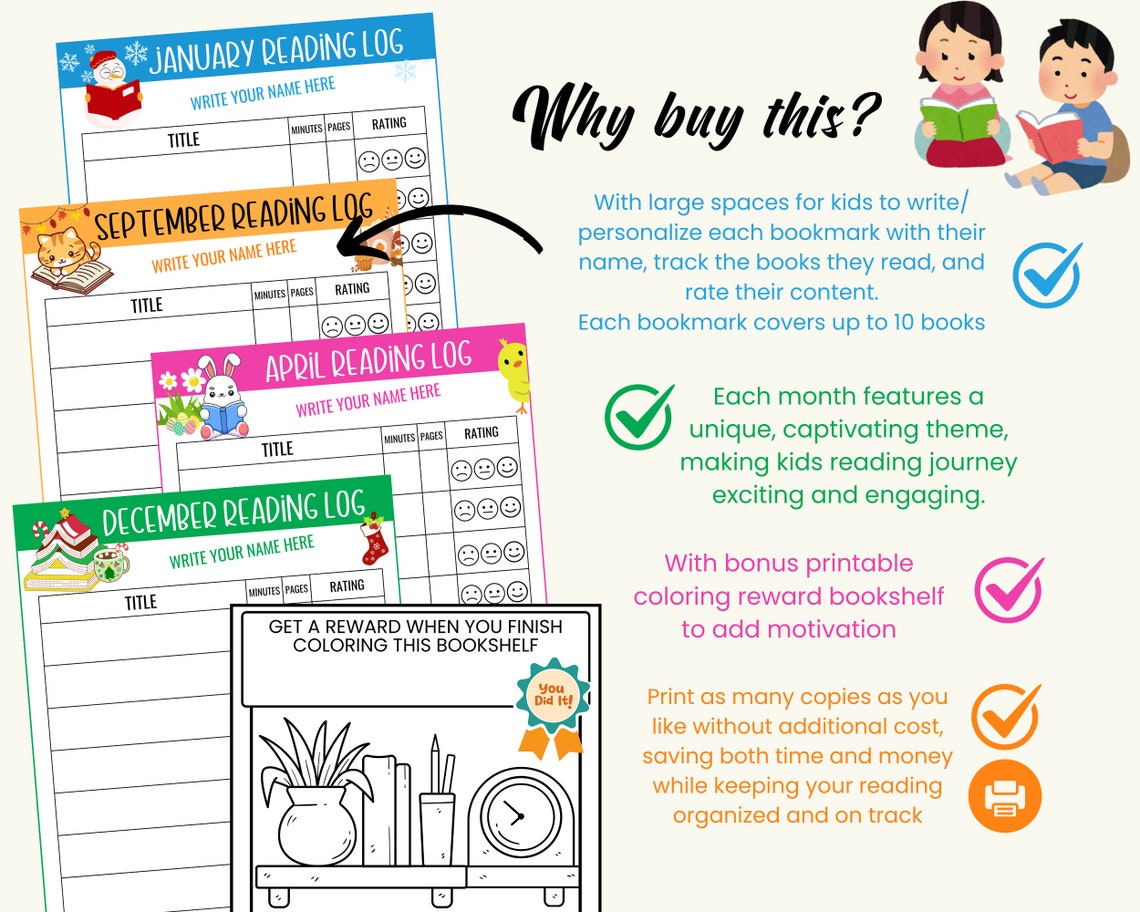 12 Month Reading Log Bookmark Printable Bookshelf Bookmark for Kids ...