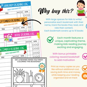 12 Month Reading Log Bookmark Printable Bookshelf Bookmark for Kids ...