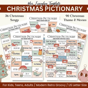 Christmas Pictionary Cards Printable, Christmas Pictionary Songs, Retro ...