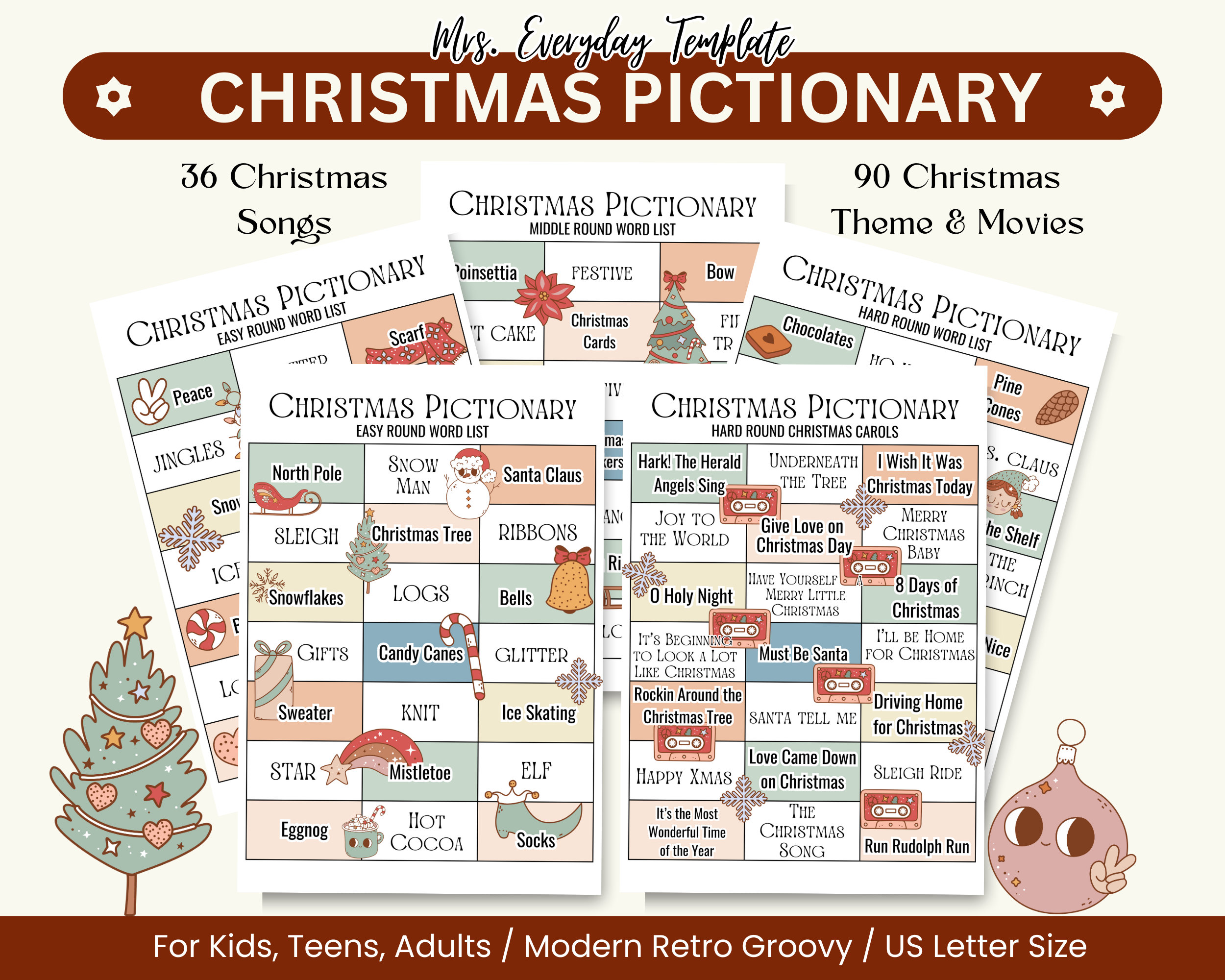 Christmas Pictionary Cards Printable, Christmas Pictionary Songs, Retro ...