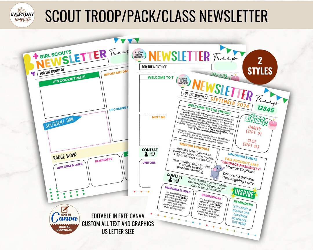 Editable Scout Troop Newsletter Template Canva, Welcome Girl Scout ...