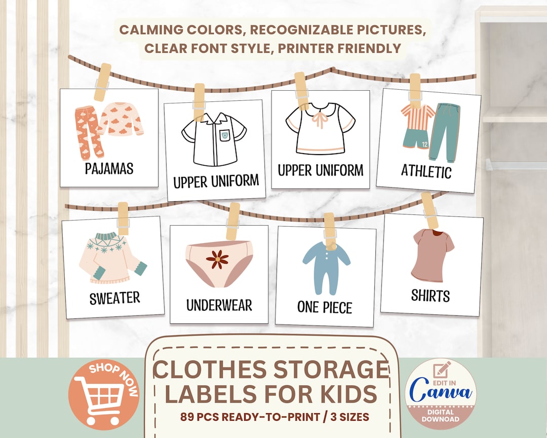 Editable Printable Storage Label Clothes for Kids With Pictures, Kids ...