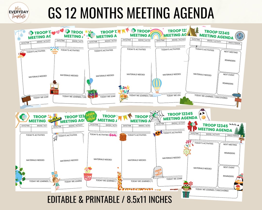 Editable Scout Meeting Agenda 12 Month Theme, Monthly Scout Meeting ...