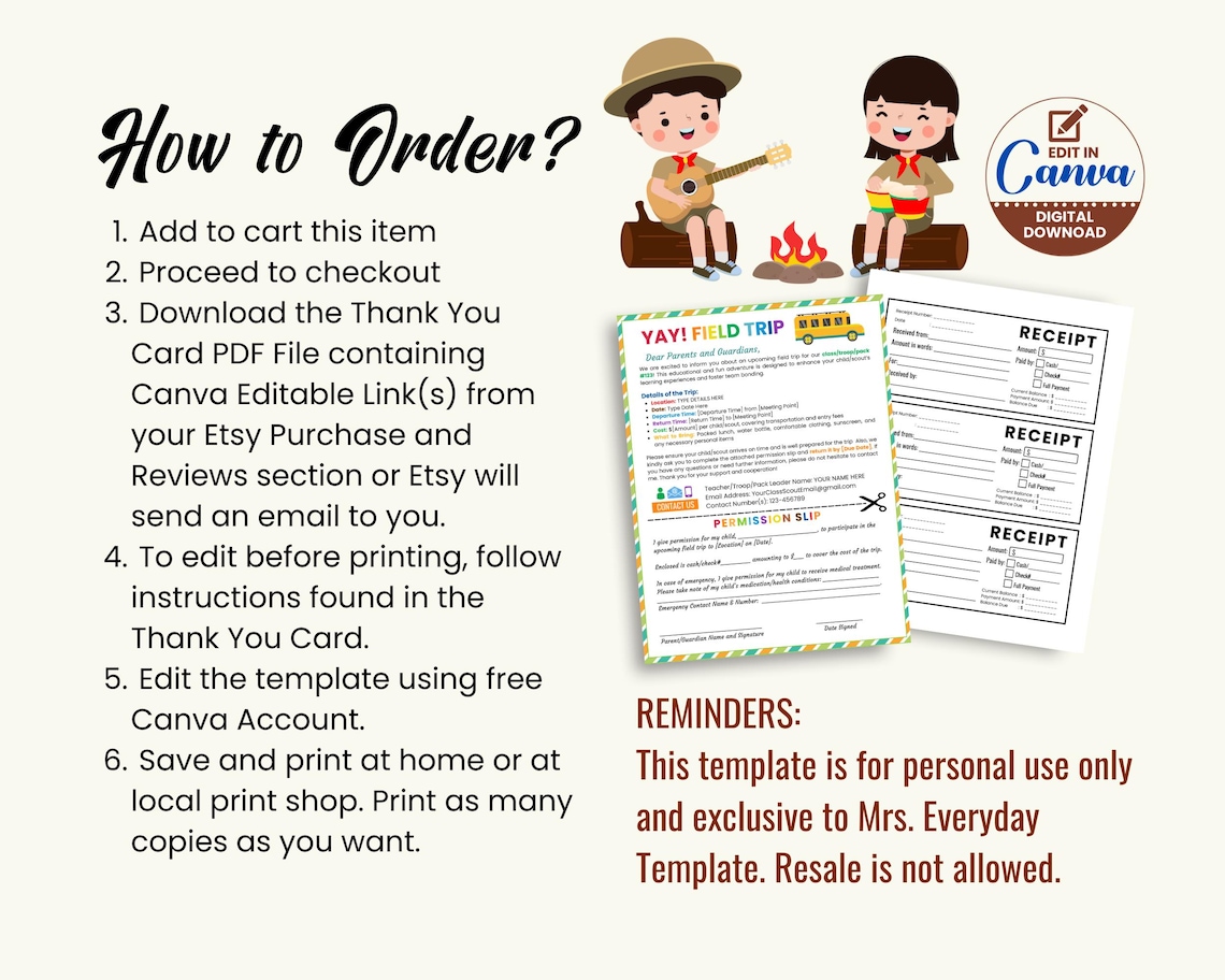 Editable Field Trip Permission Slip & Receipt Form (canva Template) - Etsy