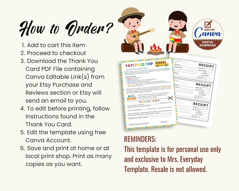 Editable Field Trip Permission Slip & Receipt Form (canva Template) - Etsy