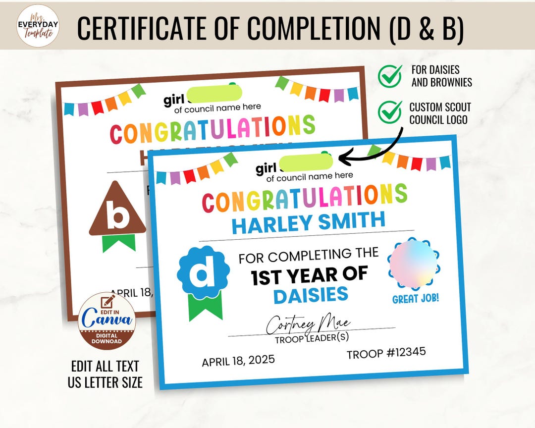 Editable Scout Certificate of Completion for Daisy Brownie Scouts Year ...