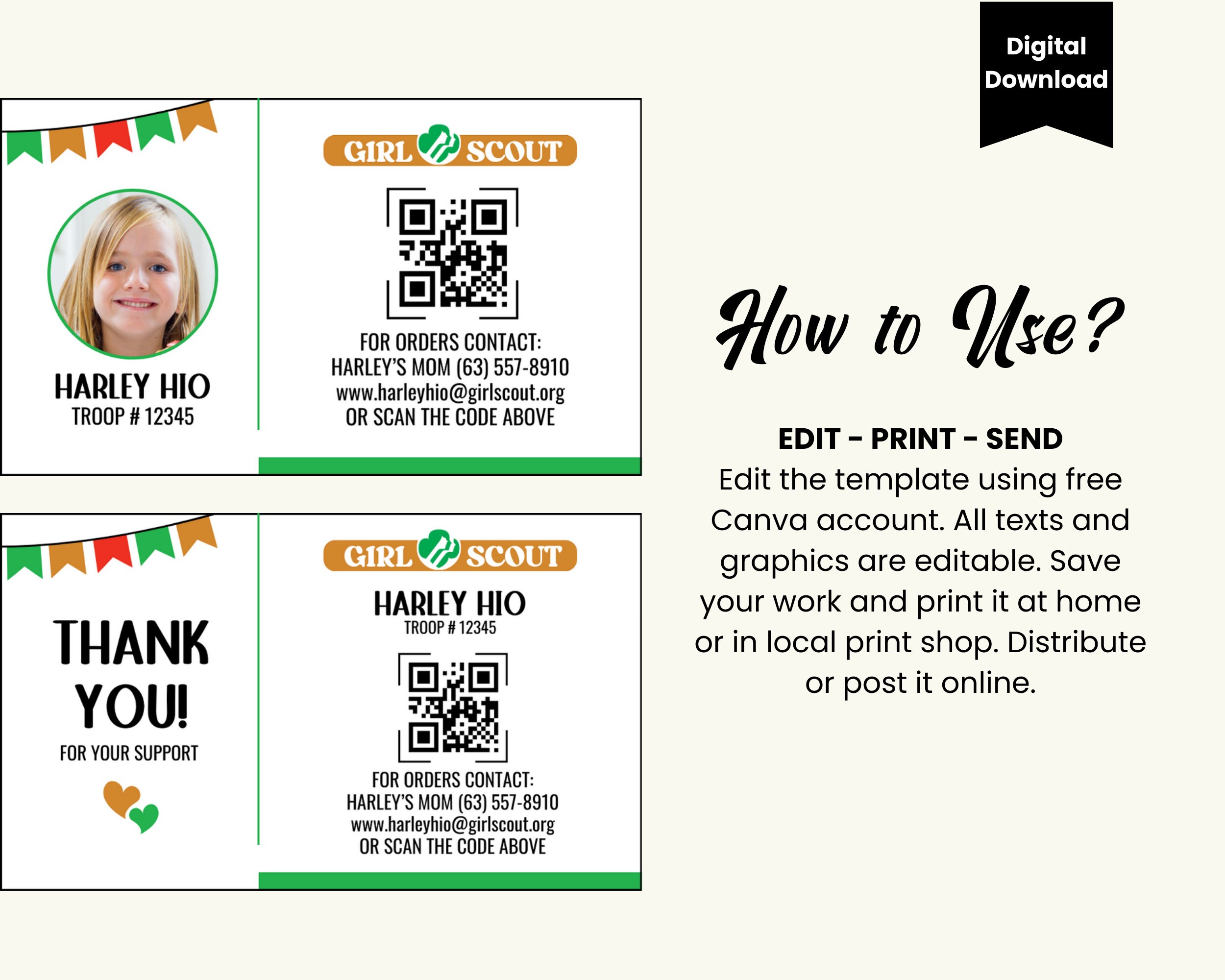 Editable Girl Scout Cookie Business Card and Thank You Note Card With ...