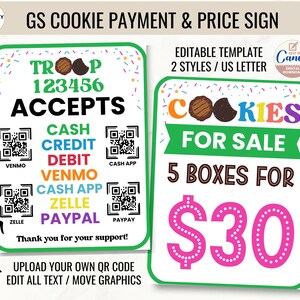 Scout Cookie Payment Sign and Price Sign Editable Template With QR Code ...
