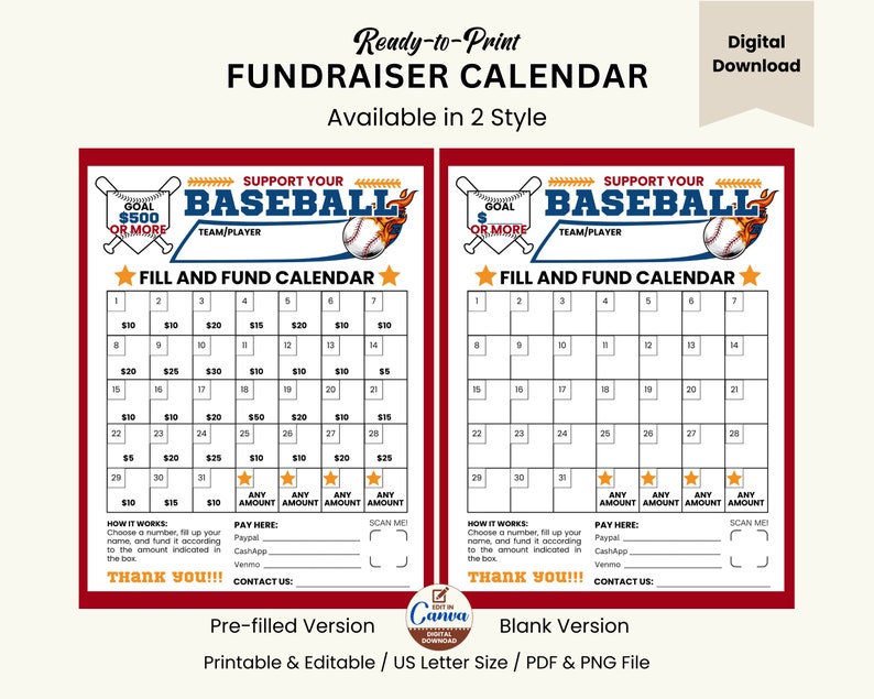 Baseball Fundraiser Calendar Sheet Editable QR Code, Baseball Coach Mom ...