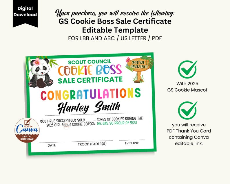 Editable Scout Cookie Sale Certificate 2025 for LBB & ABC Cookie Boss ...