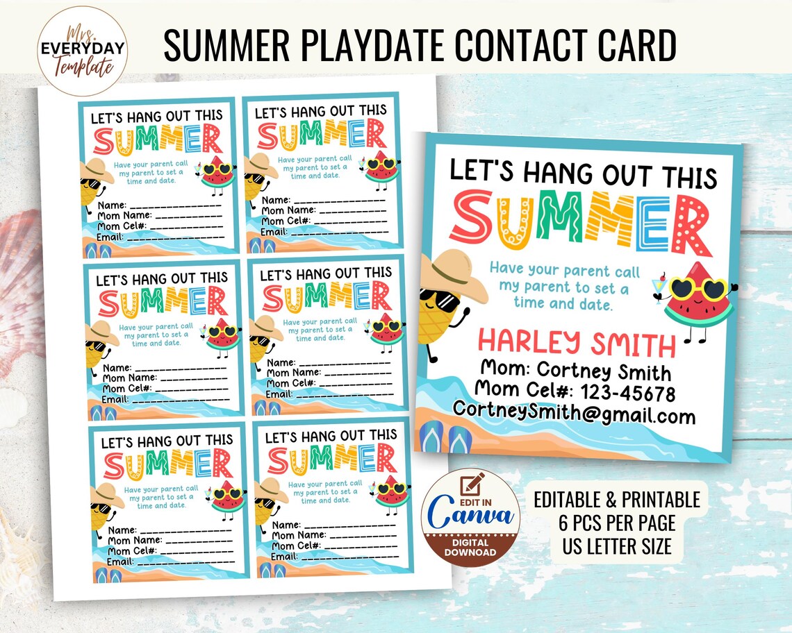 Editable Playdate Cards Template, Custom Playdate Contact Card for Kids ...