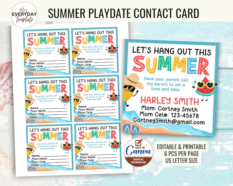 Editable Playdate Cards Template, Custom Playdate Contact Card for Kids ...