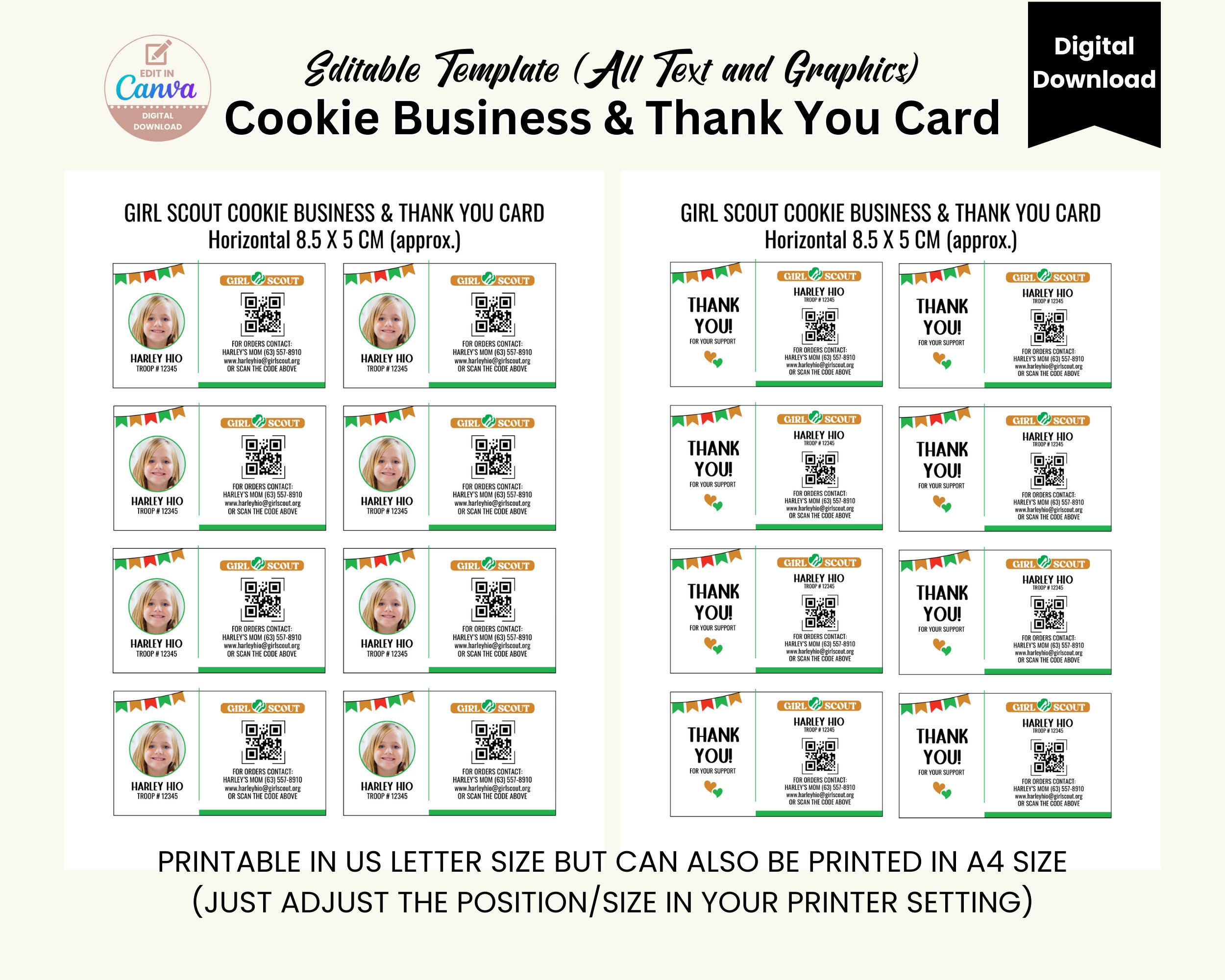 Editable Girl Scout Cookie Business Card and Thank You Note Card With ...