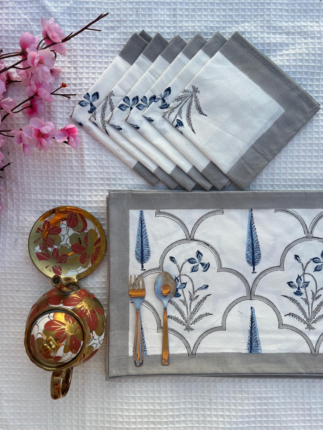 Luxurious Handcrafted Block Print Table Mat & Napkin Set Elegant Blue ...