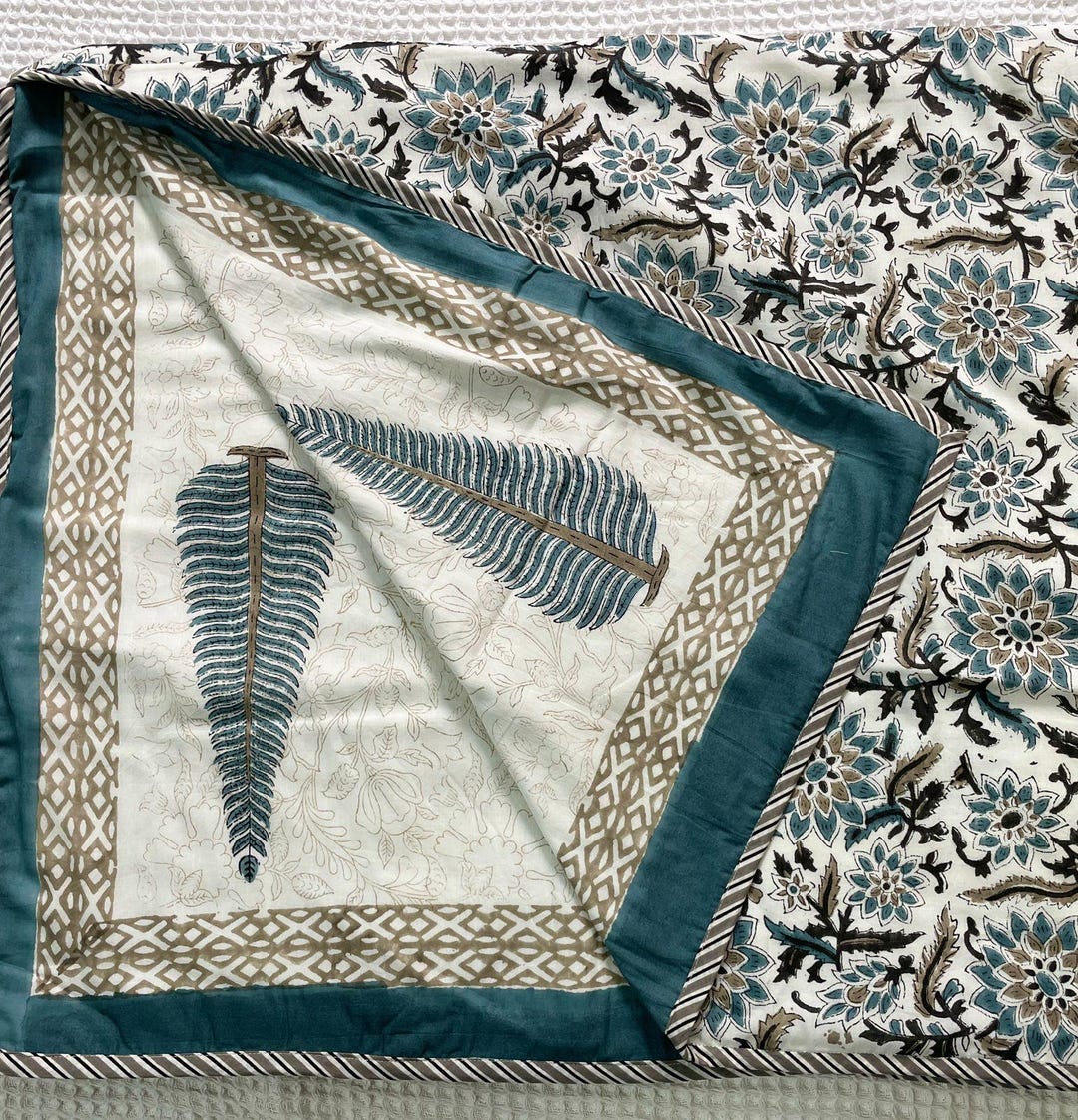 Handblock Printed Cotton Dohar: Teal Floral Jaipuri Quilt (60x90 Inches ...