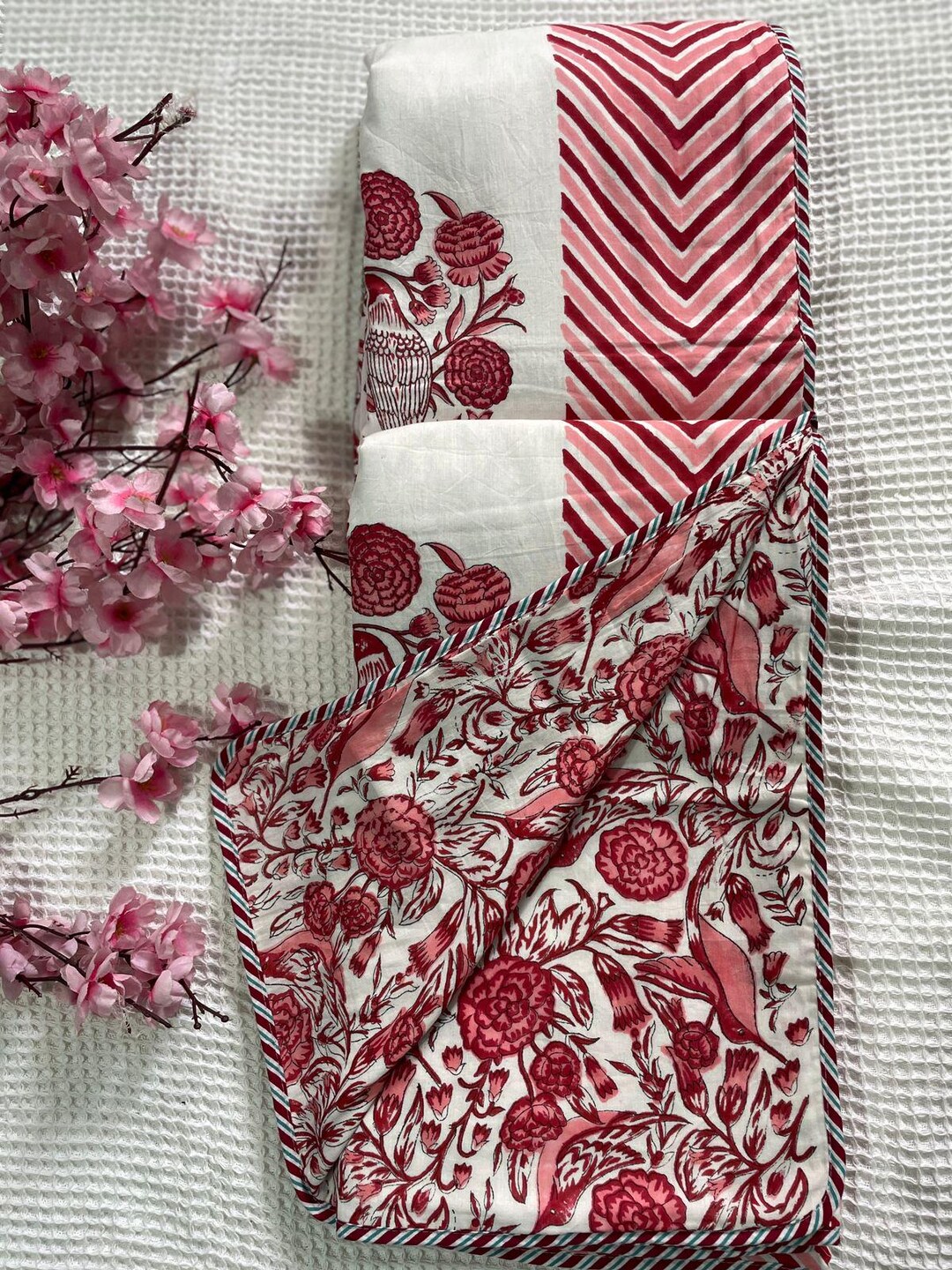 Hand Block Printed Cotton Dohar: Reversible Floral Quilt, Indian Razai ...