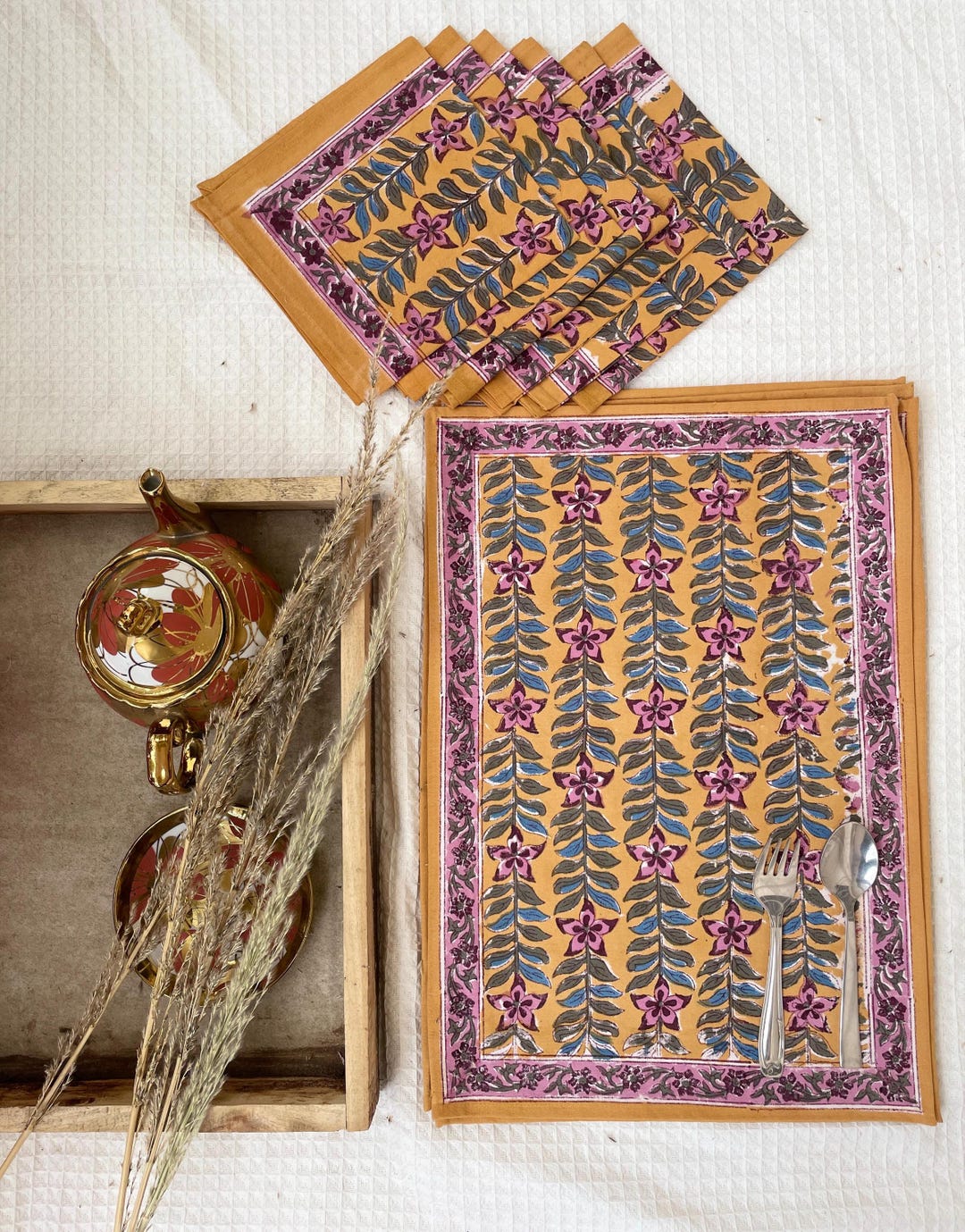 Luxurious Handcrafted Block Print Table Mat & Napkin Set – Elegant ...